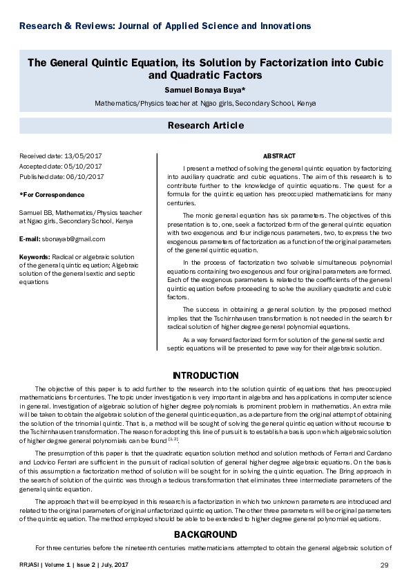 (PDF) The General Quintic Equation, its Solution by Factorization into ...