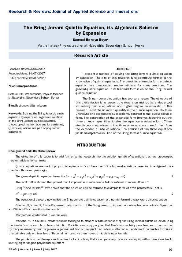 (PDF) The Bring-Jerrard Quintic Equation, its Algebraic Solutionby ...