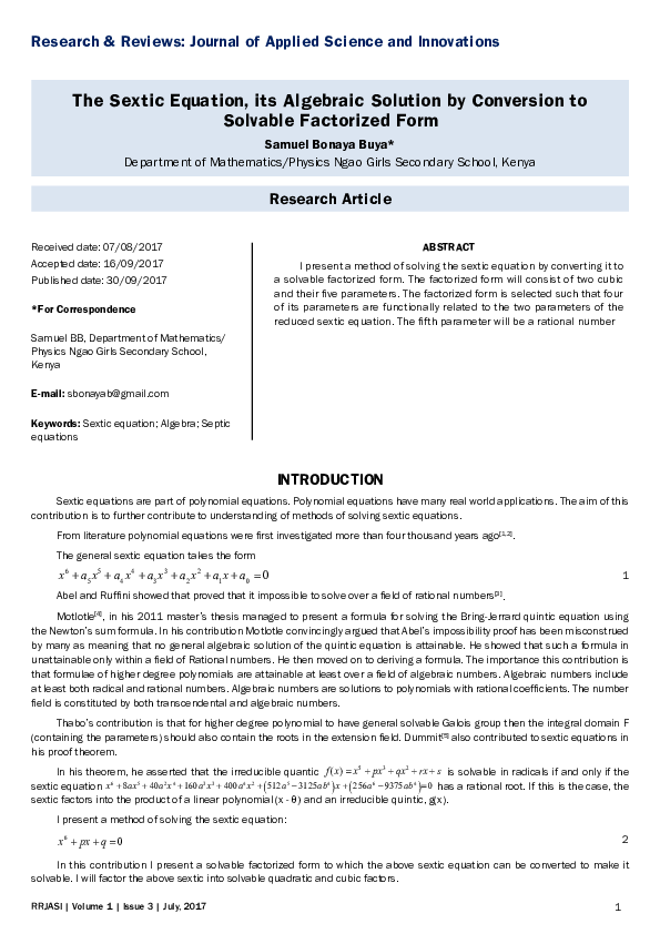 Pdf The Sextic Equation Its Algebraic Solution By Conversion Tosolvable Factorized Form