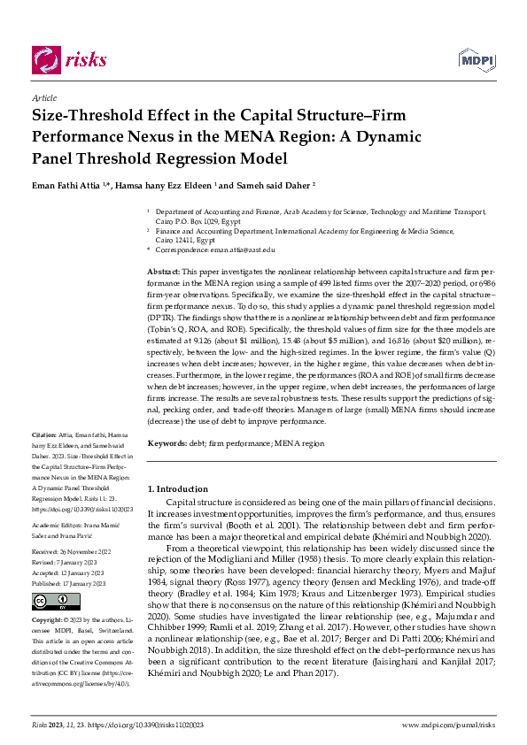 (PDF) Size-Threshold Effect in the Capital Structure–Firm Performance Nexus in the MENA Region ...