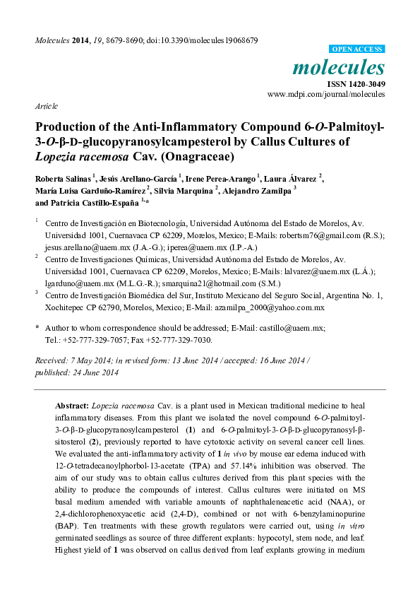 (PDF) Production of the Anti-Inflammatory Compound 6-O-Palmitoyl-3-O-β ...