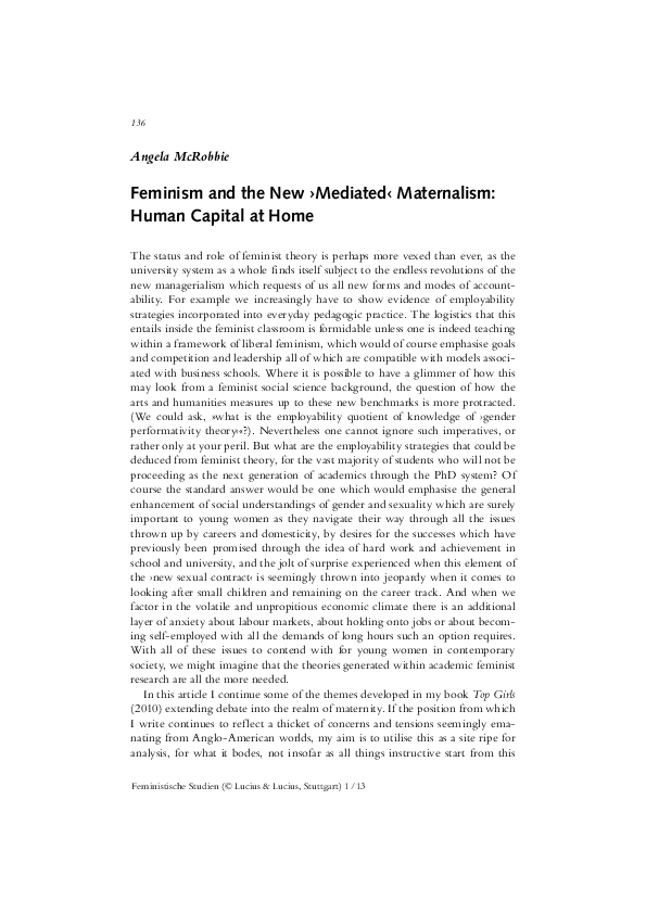 (PDF) Feminism and the New ›Mediated‹ Maternalism: Human Capital at Home