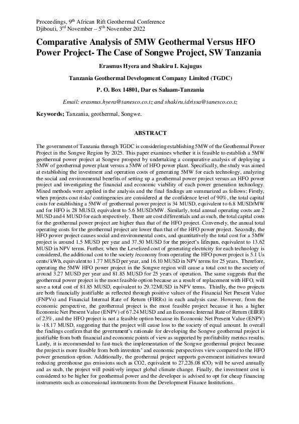 (PDF) Comparative Analysis of 5MW Geothermal Versus HFO Power Project ...