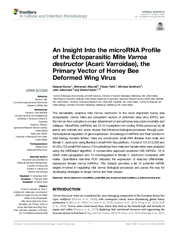 An Insight Into the microRNA Profile of the Ectoparasitic Mite Varroa ...