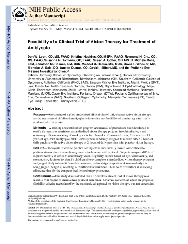 (PDF) Feasibility of a Clinical Trial of Vision Therapy for Treatment ...