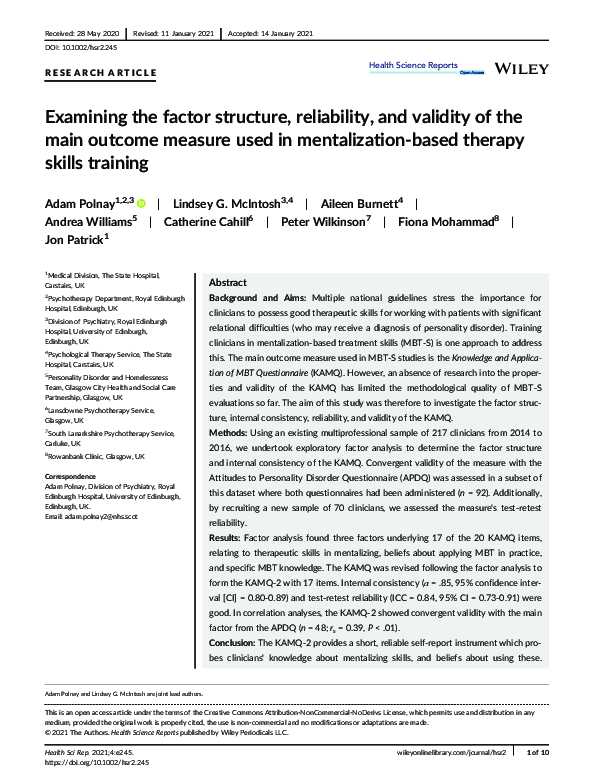 Pdf Examining The Factor Structure Reliability And Validity Of The
