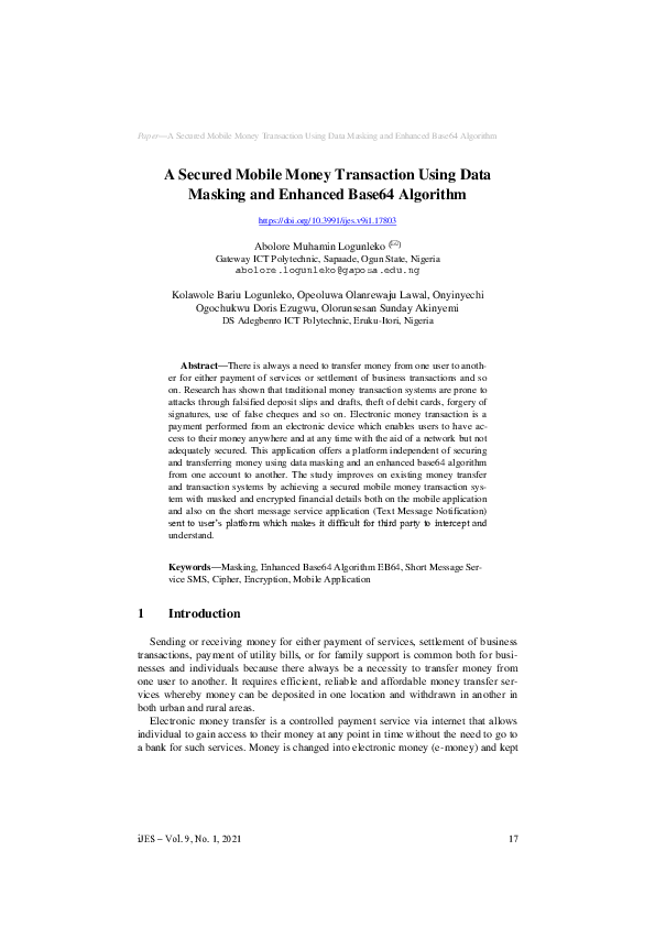 (PDF) A Secured Mobile Money Transaction Using Data Masking and Enhanced Base64 Algorithm