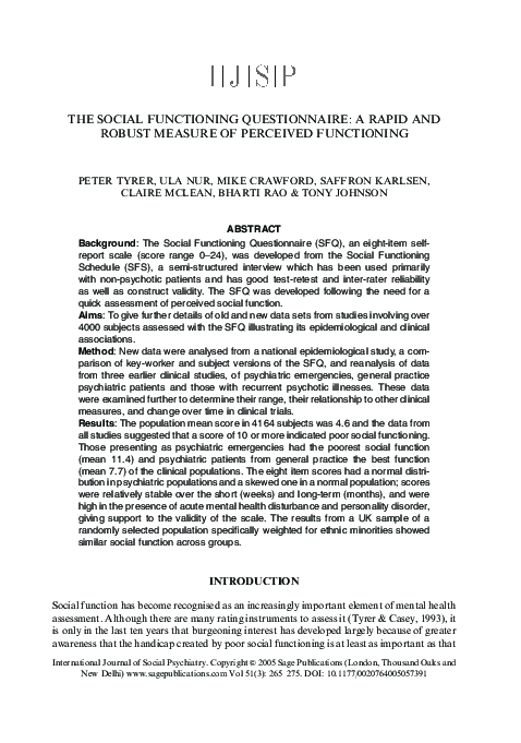 (PDF) The Social Functioning Questionnaire: A Rapid and Robust Measure ...