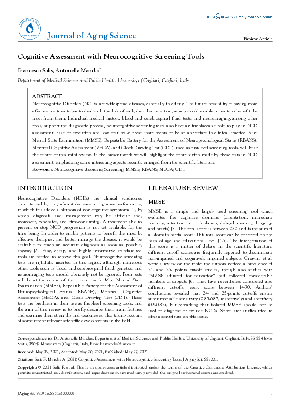 (PDF) Cognitive Assessment with Neurocognitive Screening Tools
