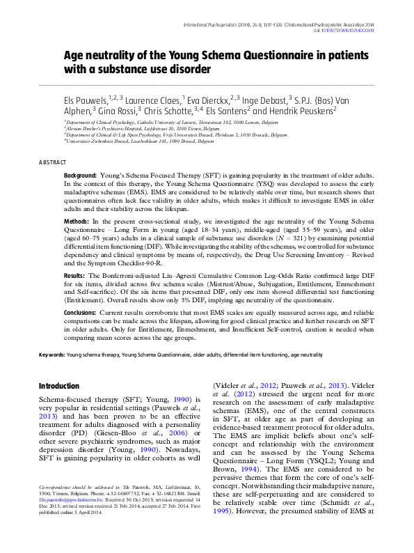(PDF) Age neutrality of the Young Schema Questionnaire in patients with ...