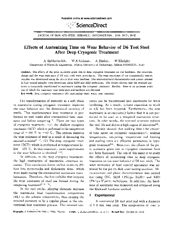 (PDF) Effects of austenizing time on wear behavior of D6 tool steel ...
