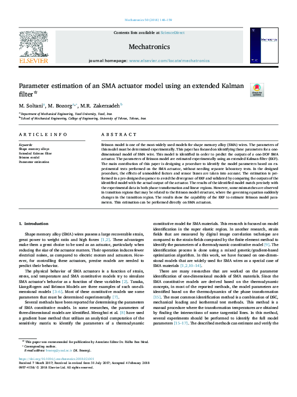 (PDF) Parameter estimation of an SMA actuator model using an extended Kalman filter