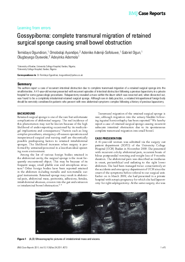(PDF) Gossypiboma: complete transmural migration of retained surgical ...