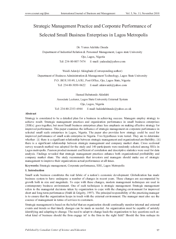(PDF) Strategic Management Practice and Corporate Performance of Selected Small Business ...
