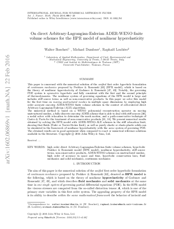 Pdf On Direct Arbitrary Lagrangian Eulerian Ader Weno Finite Volume Schemes For The Hpr Model