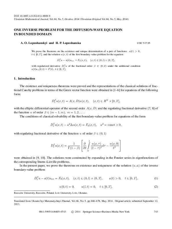 (PDF) One Inverse Problem for the Diffusion-Wave Equation in Bounded Domain