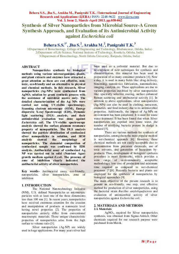 (PDF) Synthesis of silver nanoparticles from microbial source and evaluation of silver nitrate ...