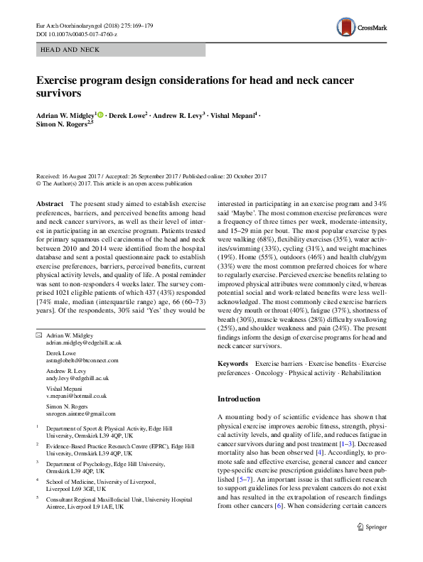 (PDF) Exercise program design considerations for head and neck cancer ...
