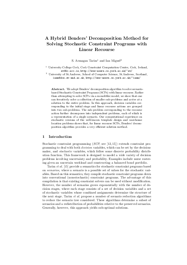 (PDF) Hybrid Benders’ Method for Stochastic SCPs
