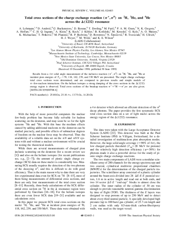(PDF) Total cross sections of the charge exchange reaction (π+,π°) on 2H, 3He, and 4He across ...