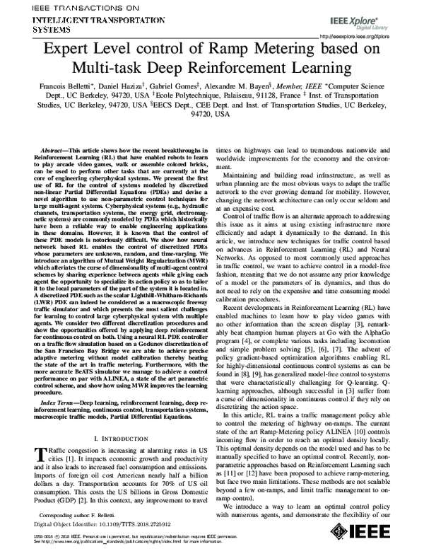 (PDF) Expert Level Control of Ramp Metering Based on Multi-Task Deep Reinforcement Learning