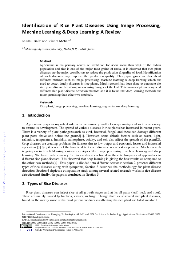 Pdf Identification Of Rice Plant Diseases Using Image Processing Machine Learning And Deep