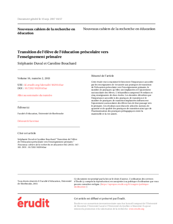 (PDF) Transition de l’élève de l’éducation préscolaire vers l ...