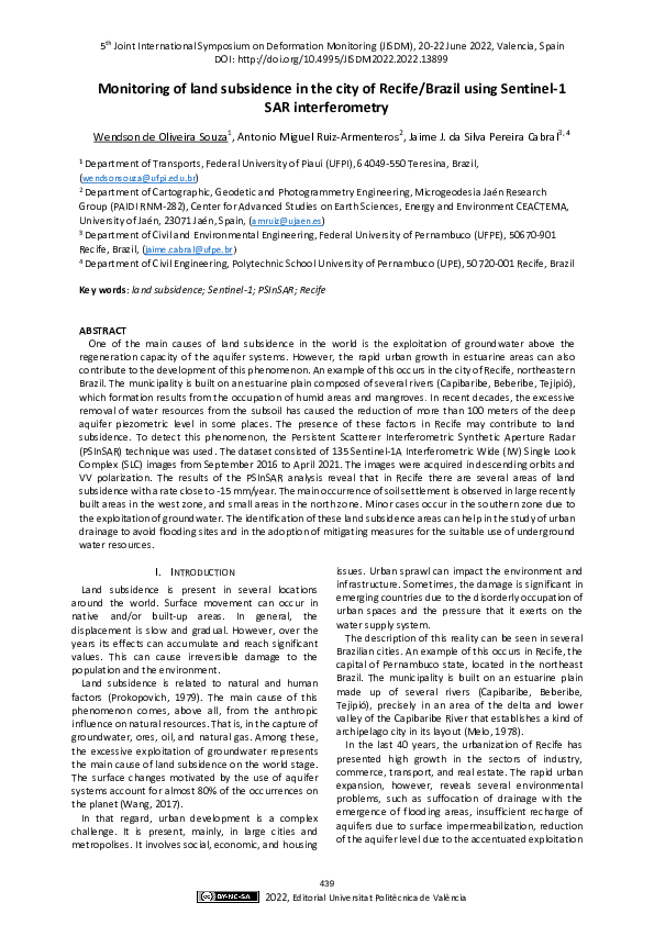 (PDF) Monitoring of land subsidence in the city of Recife/Brazil using Sentinel-1 SAR interferometry