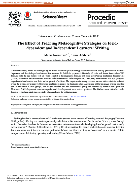 (PDF) The Effect of Teaching Metacognitive Strategies on Field ...