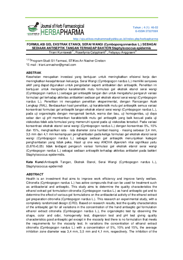 (PDF) FORMULASI GEL EKSTRAK ETANOL SERAI WANGI (Cymbopongon nardus L ...