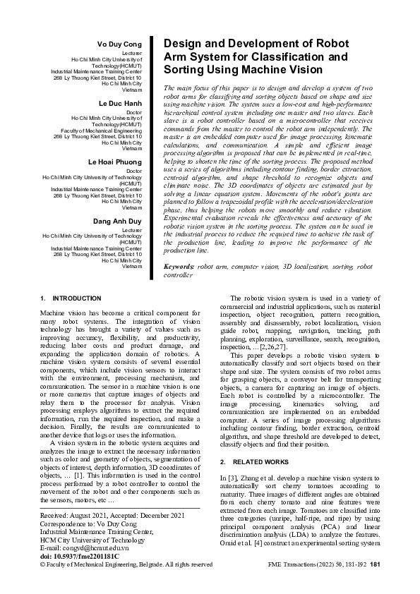 Pdf Design And Development Of Robot Arm System For Classification And Sorting Using Machine Vision