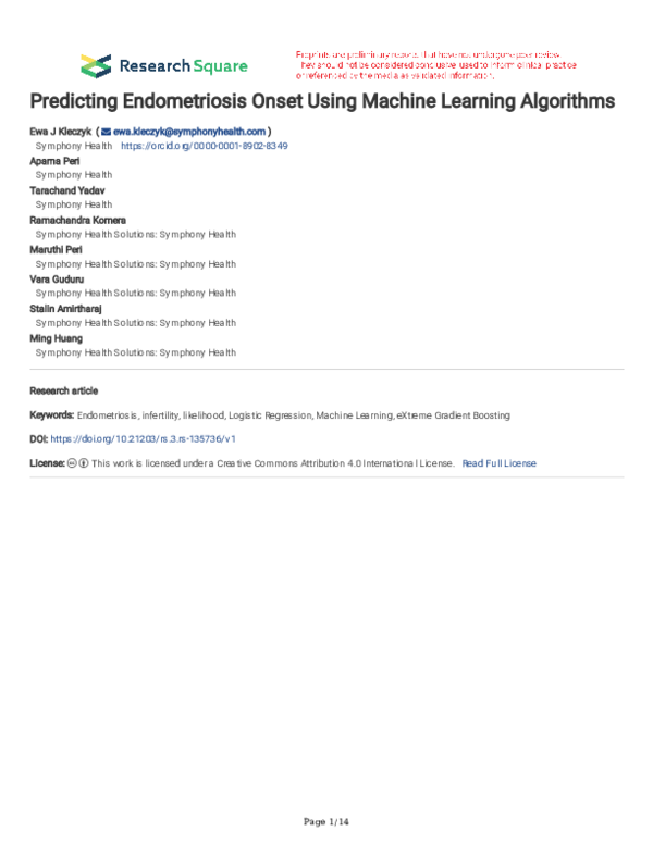 (PDF) Predicting Endometriosis Onset Using Machine Learning Algorithms (PDF) Predicting Endometriosis Onset Using Machine Learning Algorithms