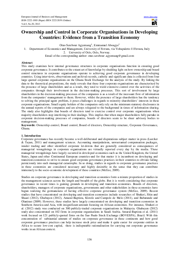 (PDF) Ownership and Control in Corporate Organisations in Developing ...