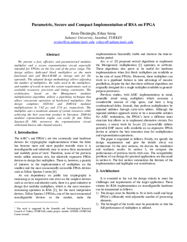 Pdf Parametric Secure And Compact Implementation Of Rsa On Fpga 1505