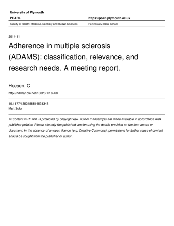 (PDF) Adherence in multiple sclerosis (ADAMS): Classification ...