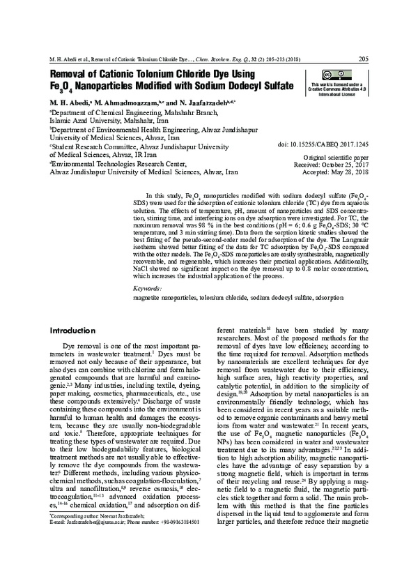 (PDF) Removal of Cationic Tolonium Chloride Dye Using Fe3 O4 Nanoparticles Modified with Sodium ...