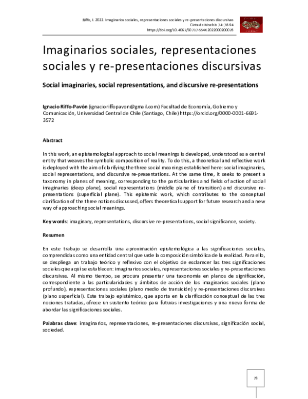 (PDF) Imaginarios sociales, representaciones sociales y re-presentaciones discursivas