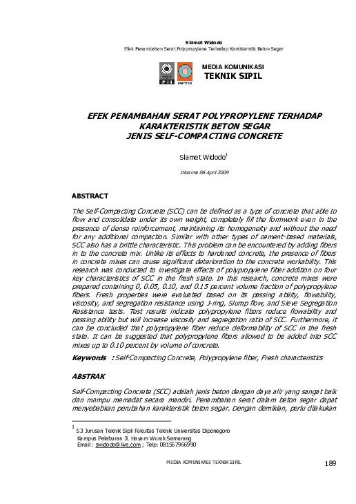 (PDF) Slamet Widodo Efek Penambahan Serat Polypropylene Terhadap Karakteristik Beton Segar MEDIA ...
