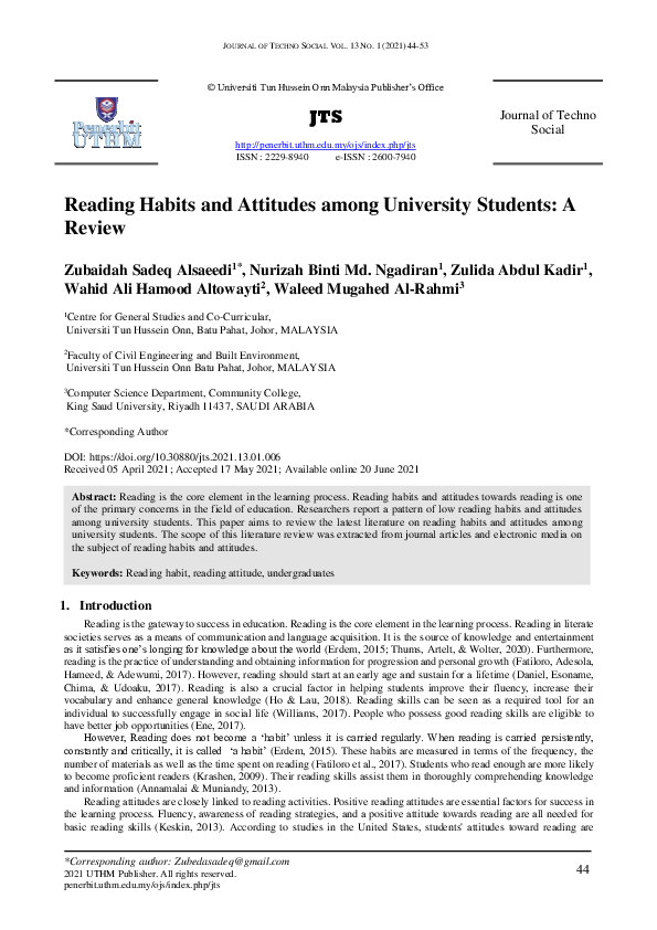 (PDF) Reading Habits and Attitudes Among University Students: A Review