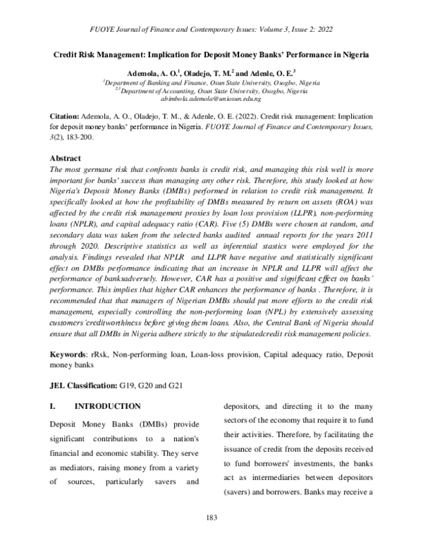 (PDF) Credit Risk Management: Implication for Deposit Money Banks ...