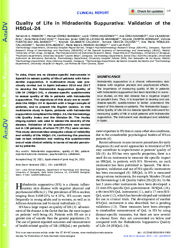 (PDF) Quality of Life in Hidradenitis Suppurativa: validation of the ...