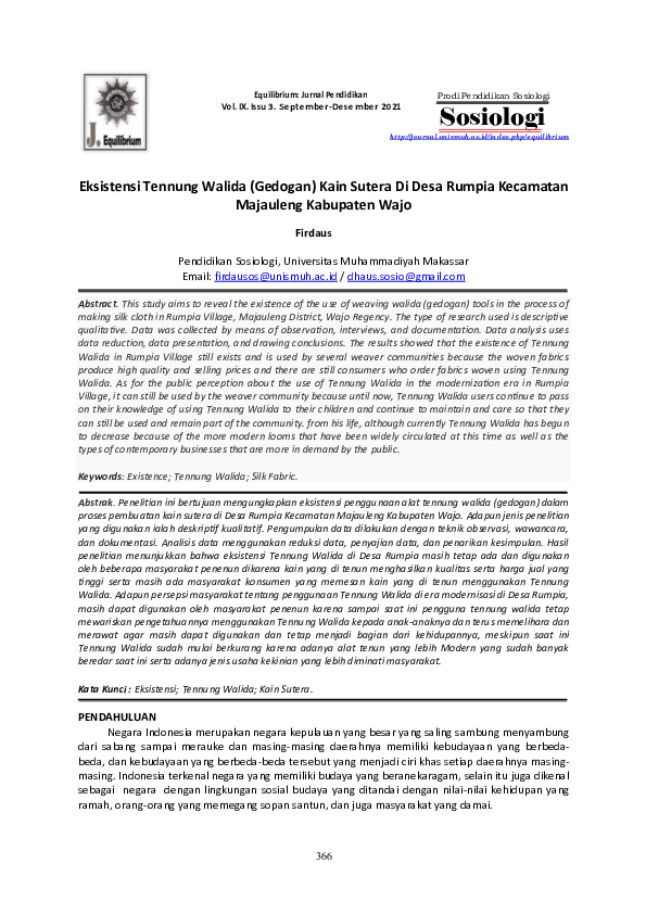 (PDF) Eksistensi Tennung Walida (Gedogan) Kain Sutera Di Desa Rumpia ...