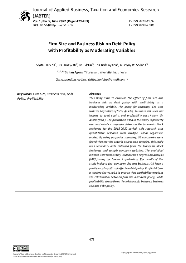 (PDF) Firm Size and Business Risk on Debt Policy with Profitability as ...