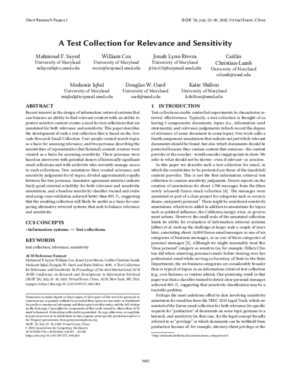 (PDF) A Test Collection for Relevance and Sensitivity | Mahmoud Foaad ...