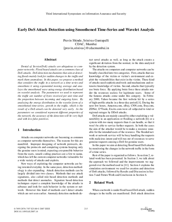 (PDF) Early DoS Attack Detection using Smoothened Time-Series andWavelet Analysis