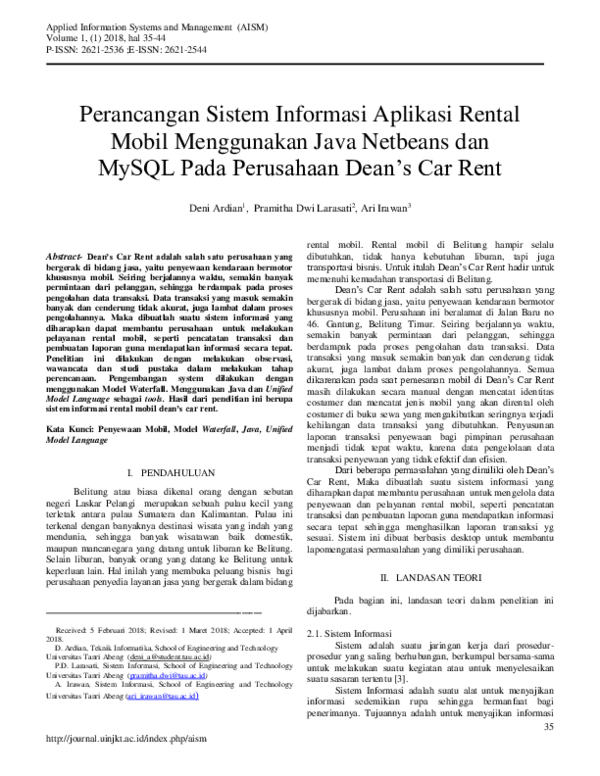(PDF) Perancangan Sistem Informasi Aplikasi Rental Mobil Menggunakan ...
