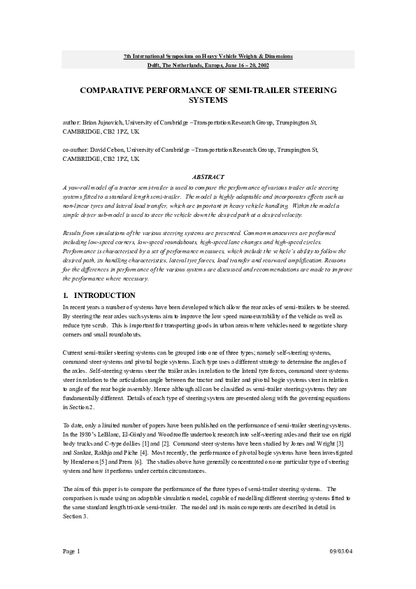 (PDF) Comparative performance of semi-trailer steering systems (PDF) Comparative performance of semi-trailer steering systems