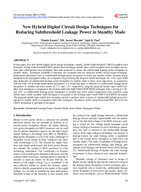 (PDF) New Hybrid Digital Circuit Design Techniques for Reducing Subthreshold Leakage Power in ...