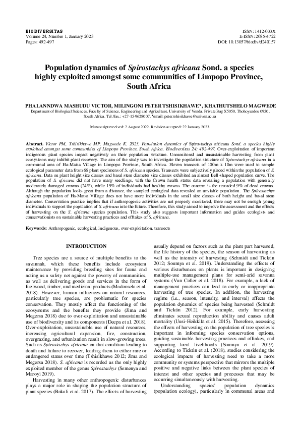(PDF) Population dynamics of Spirostachys africana Sond. a species highly exploited amongst some ...
