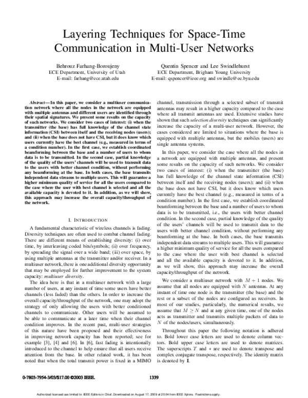Pdf Layering Techniques For Space Time Communication In Multi User Networks